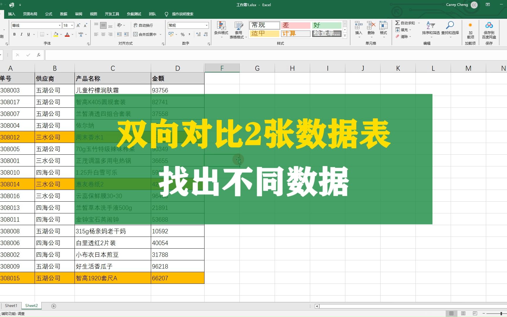 利用条件格式,双向对比2张数据表,找出不同数据
