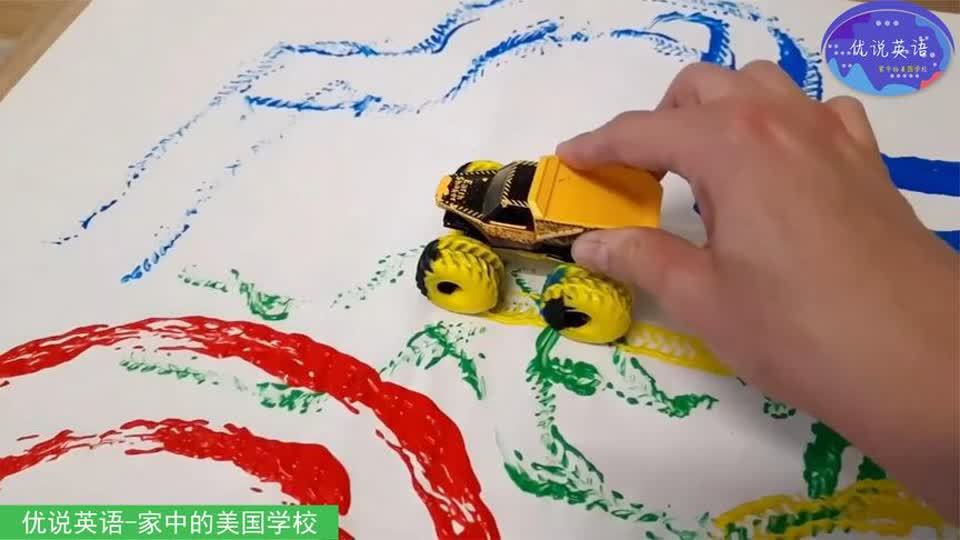 玩具怪兽卡车动画,用玩具卡车车轮印在白纸上涂鸦,太好玩了