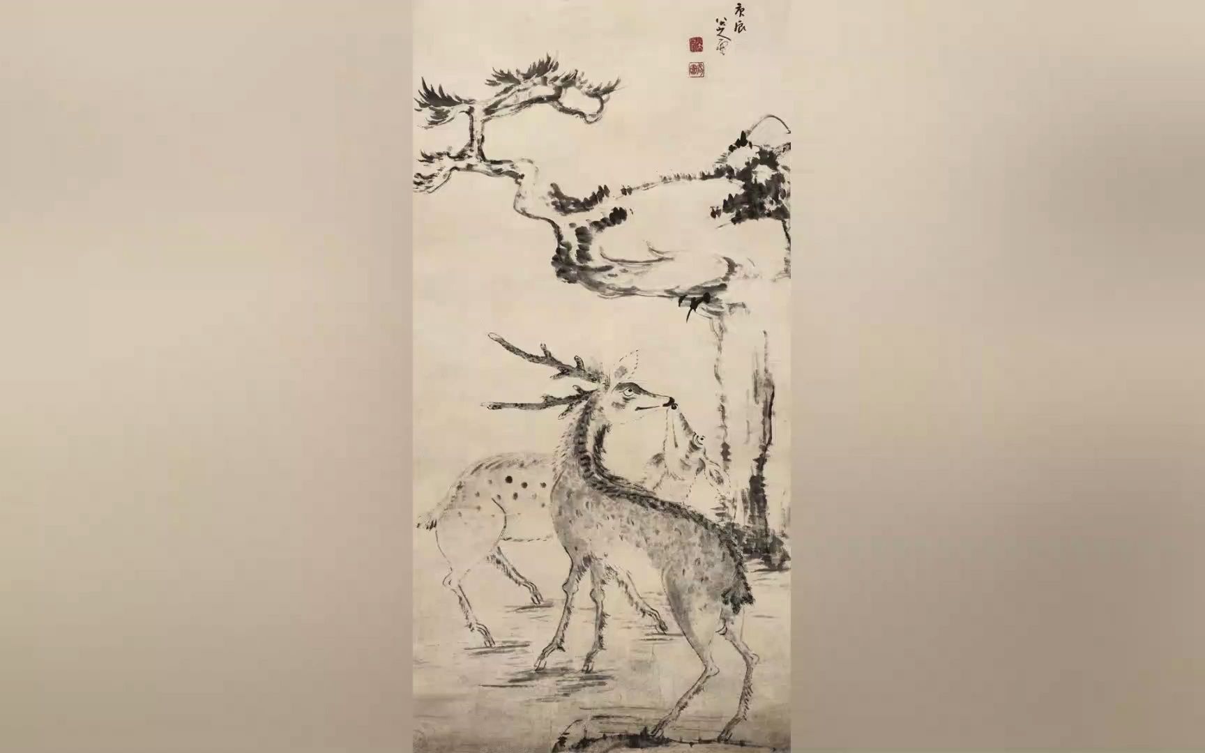 清 朱耷 松树双鹿图 高清国画赏析 清代四僧 八大山人 水墨写意花鸟画...