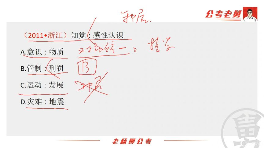 类比推理真题:知觉:感性认识 A. 意识:物质.「老杨聊公考」