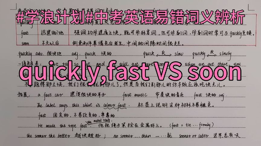 #学浪计划#中考英语易错词义辨析:quickly, fast VS soon