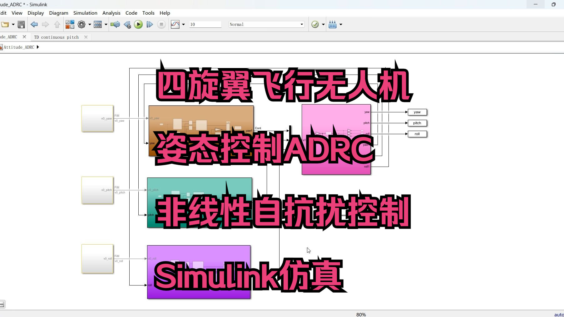四旋翼飞行无人机姿态控制ADRC非线性自抗扰控制Simulink仿真