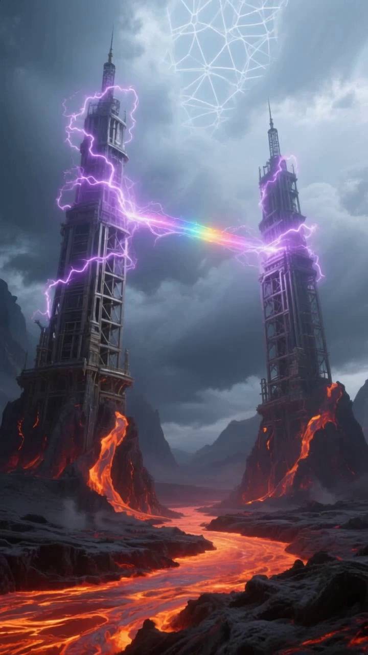 高耸入云的未来主义玻璃双塔,螺旋形悬浮结构环绕全息投影彩虹,塔身...