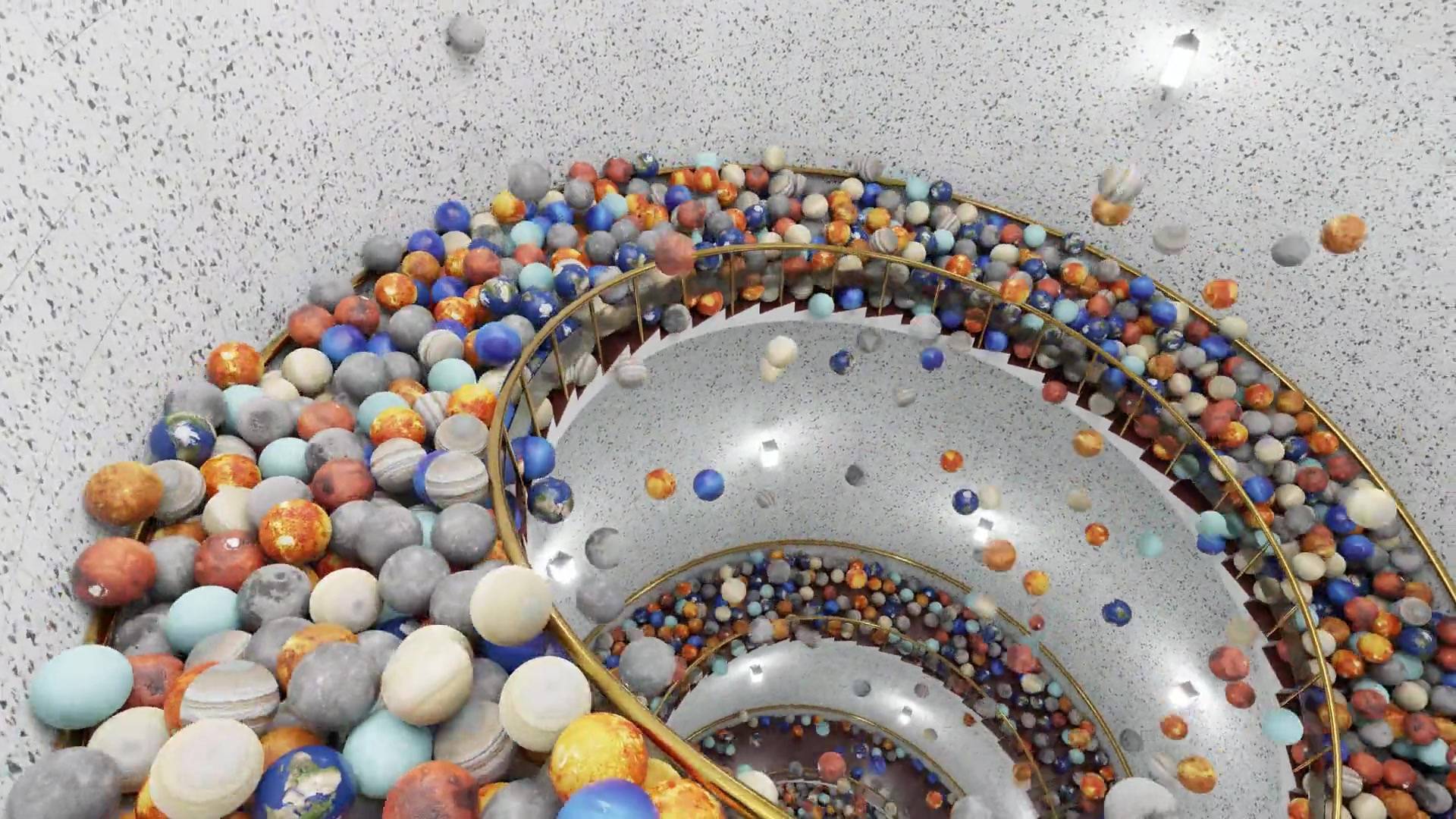 10000个太阳系星球在旋转楼梯上 _ Blender动力学