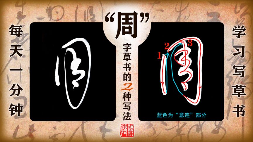 草书 “周” 字的两种写法,左边竖撇写成竖,横折钩方折变成圆折
