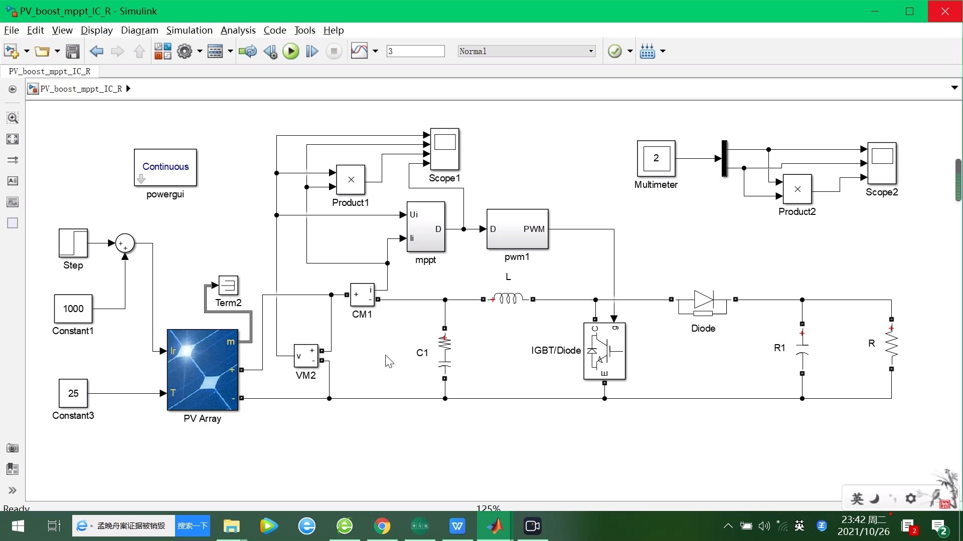 太阳能光伏电池最大功率点跟踪MPPT(电导增量法)Matlab仿真