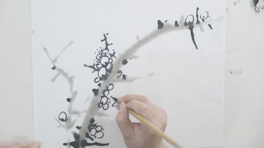 中国画梅花画法教学,浓墨勾花,淡墨渲染,画出来很漂亮