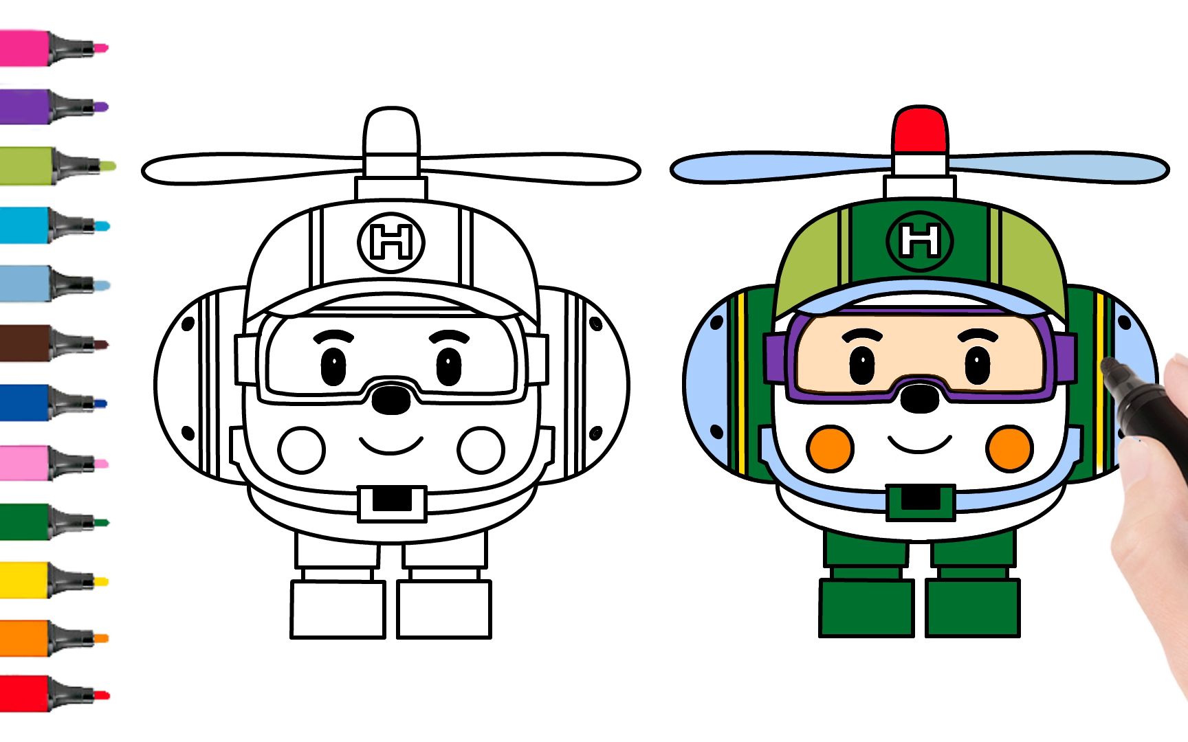 怎样画海利直升机变形警车珀利救援队宝宝学画画儿童简笔画益智涂鸦...