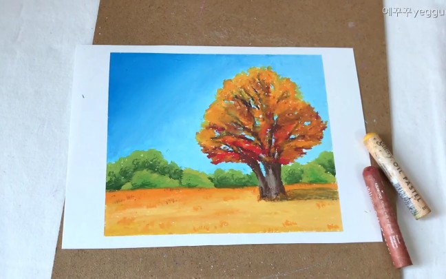 〔油画棒/风景画〕秋日里树叶橘黄的树木