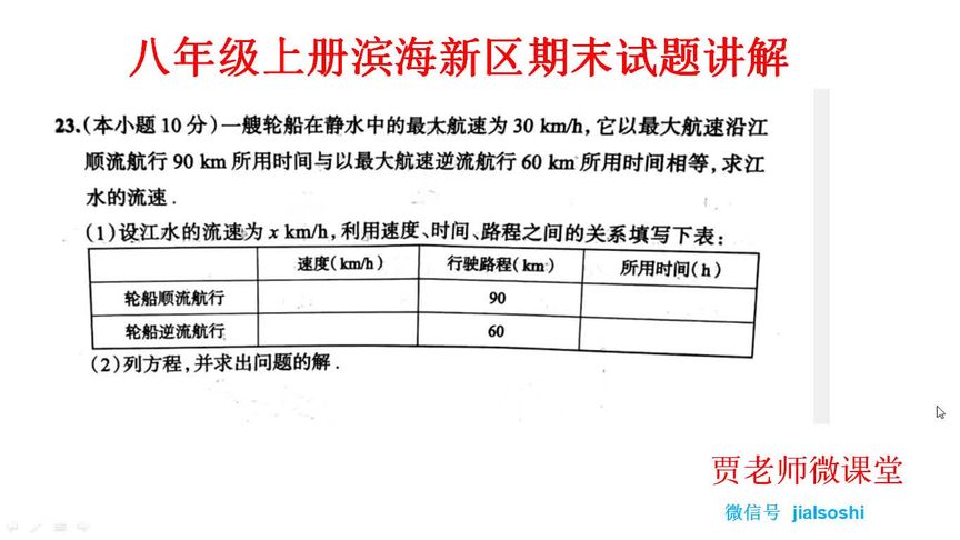 天津市滨海新区八年级上册数学期末卷第23题分式方程应用题讲解