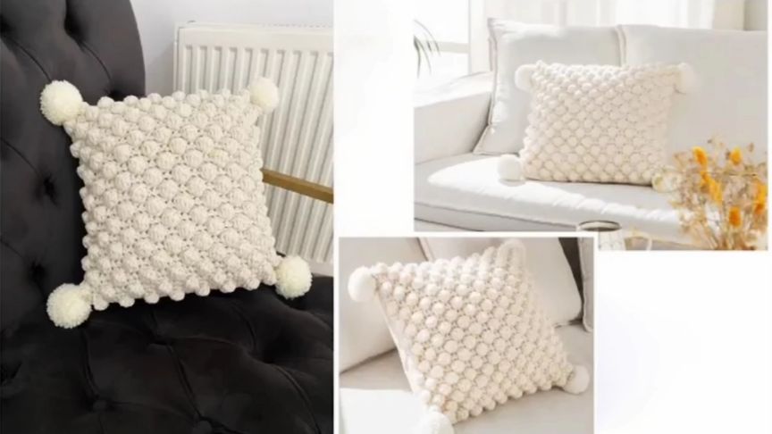 钩针编织3D浮雕毛线球抱枕套