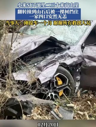 小米SU7滚坠二三十米高山崖,翻转撞到山石后被一棵树挡住,一家四口...