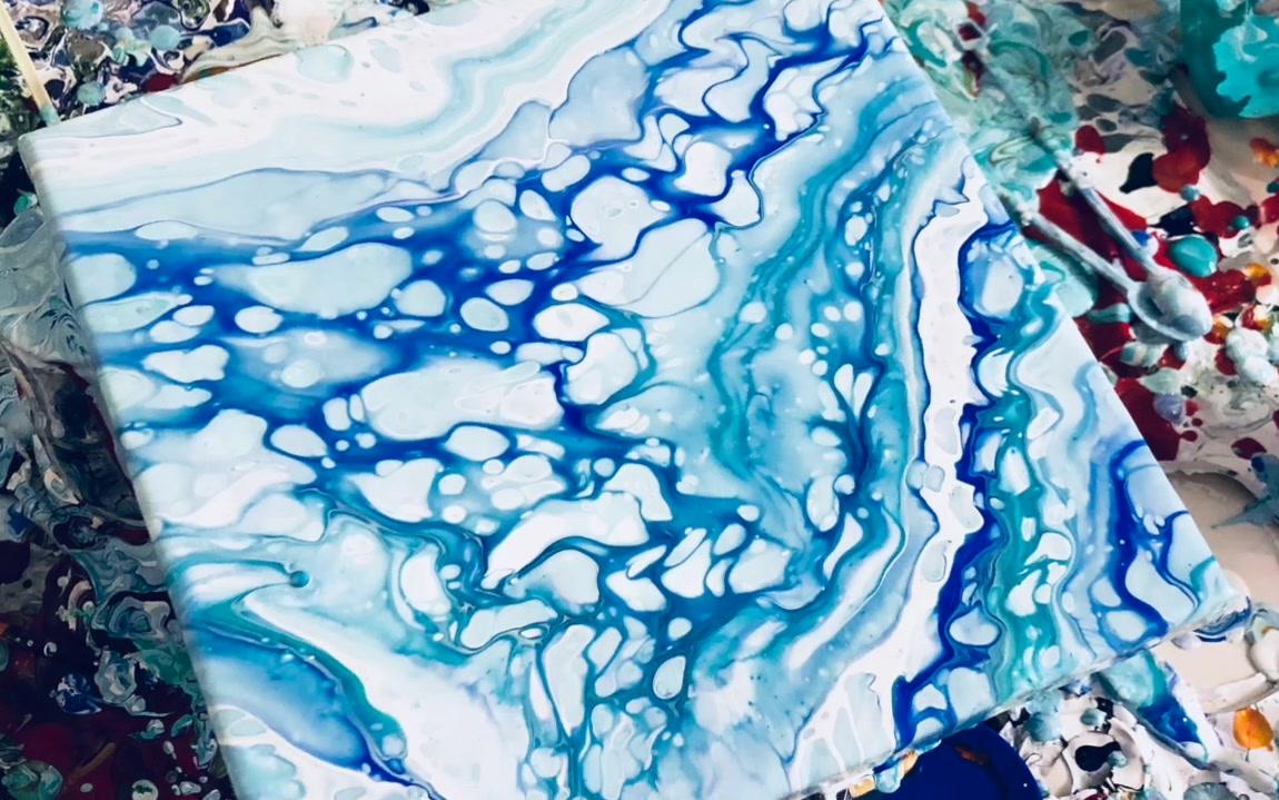 丙烯流体画 · 蓝色海洋 · 结合刮刀制作出大细胞!