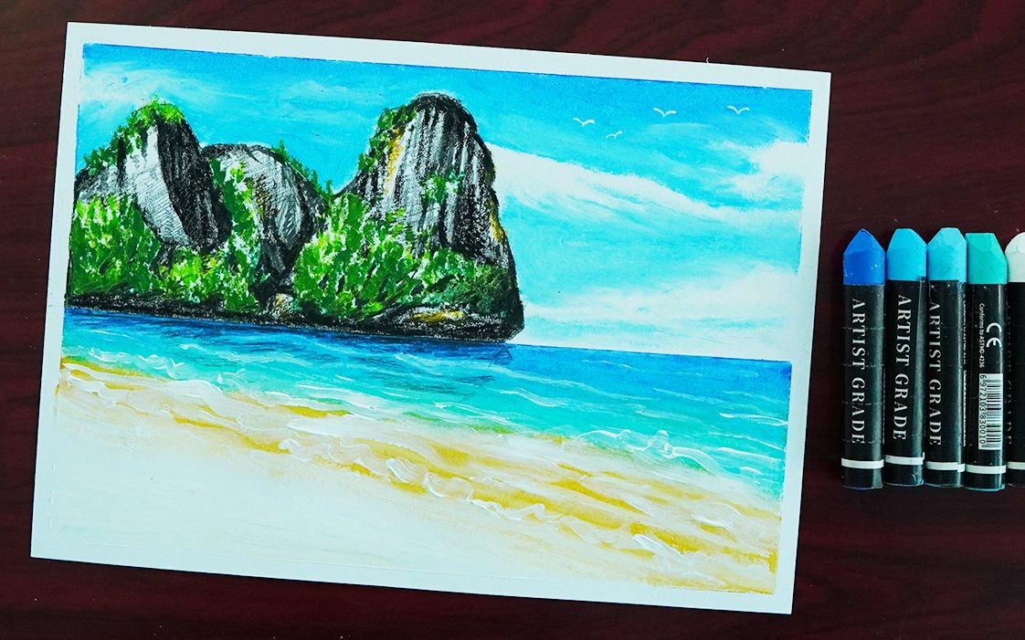 【油画棒】如何绘制热带岛屿的海边风景画,适合初学者绘画的油画棒...