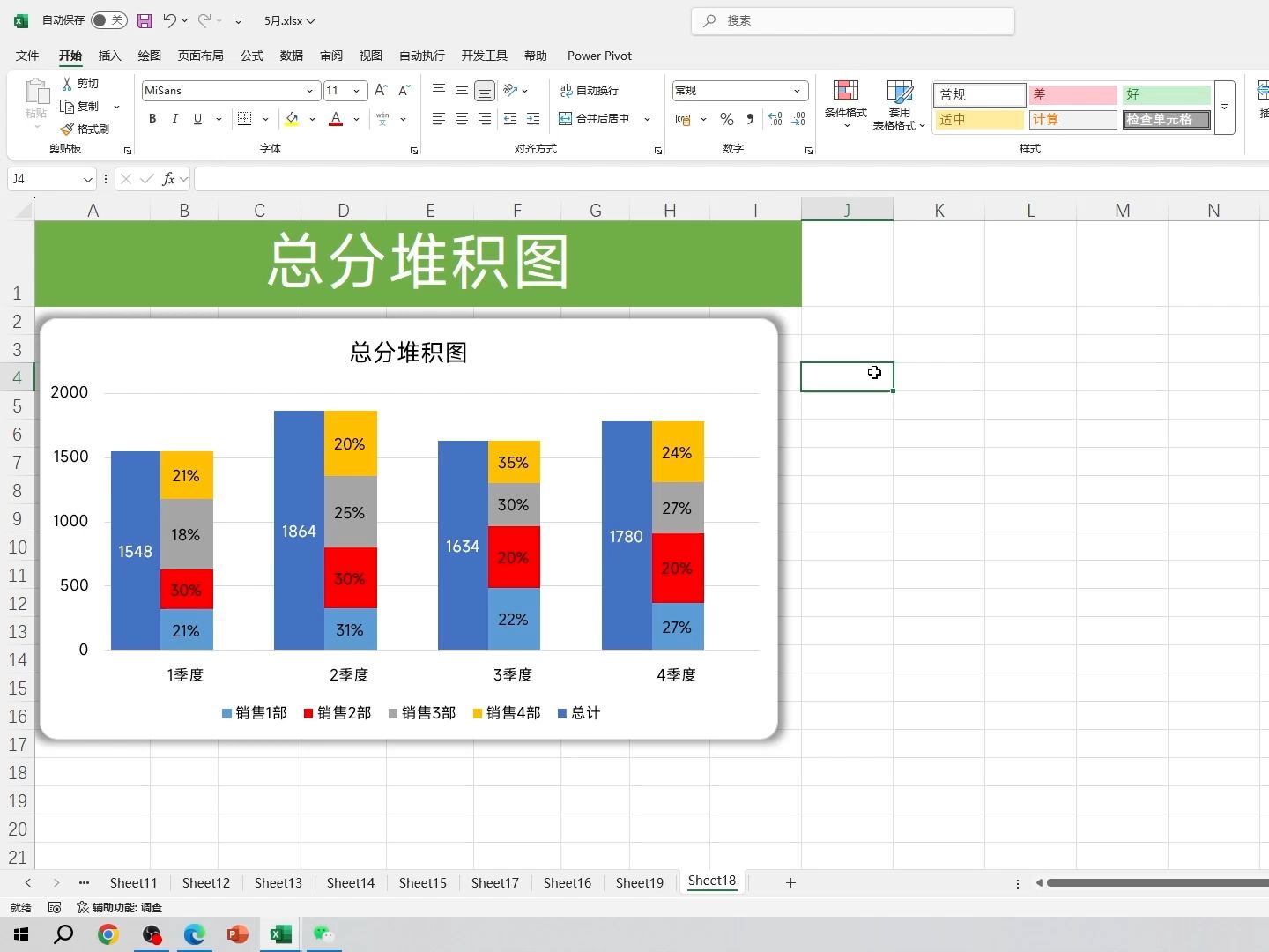 Excel制作总分堆积图,数据占比一目了然,太好用了