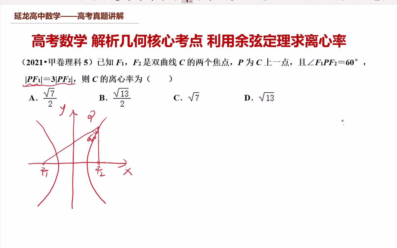 2021高考数学全国甲卷理科第5题 解析几何核心考点 利用余弦定理求...