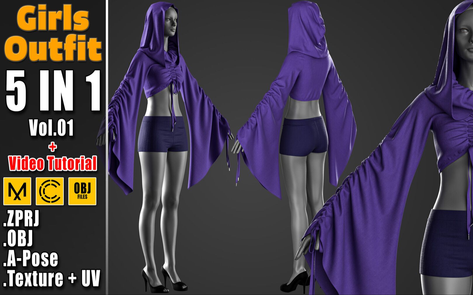 ...3D紧身短裤衣服套装ZPRJ格式服装打版工程OBJ素材分享 欢迎白嫖