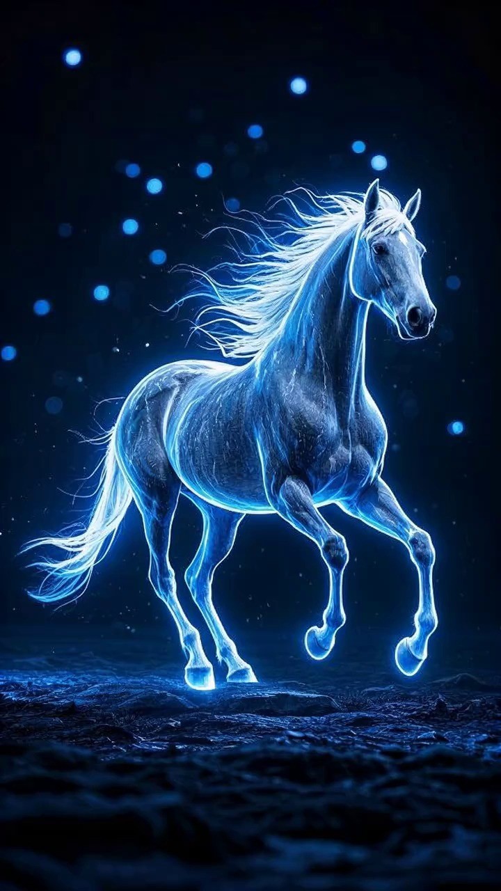 闪耀蓝色荧光的骏马在深邃黑暗背景中飞驰,动态模糊效果展现流畅...