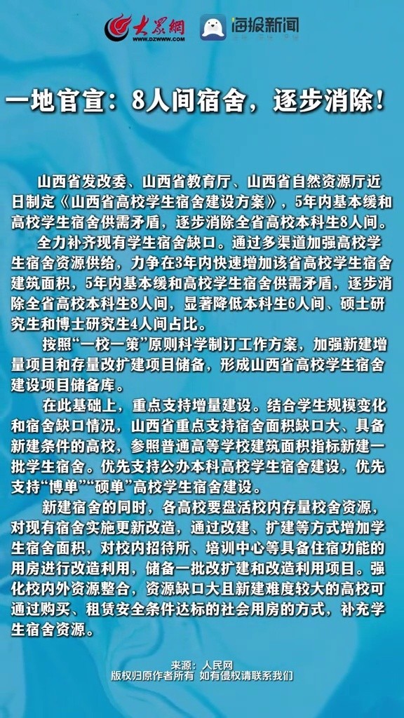 八人间宿舍,逐步消除!