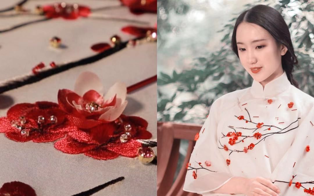 西方工艺碰撞传统工艺,耗时一月从0开始制作的国风刺绣梅花裙