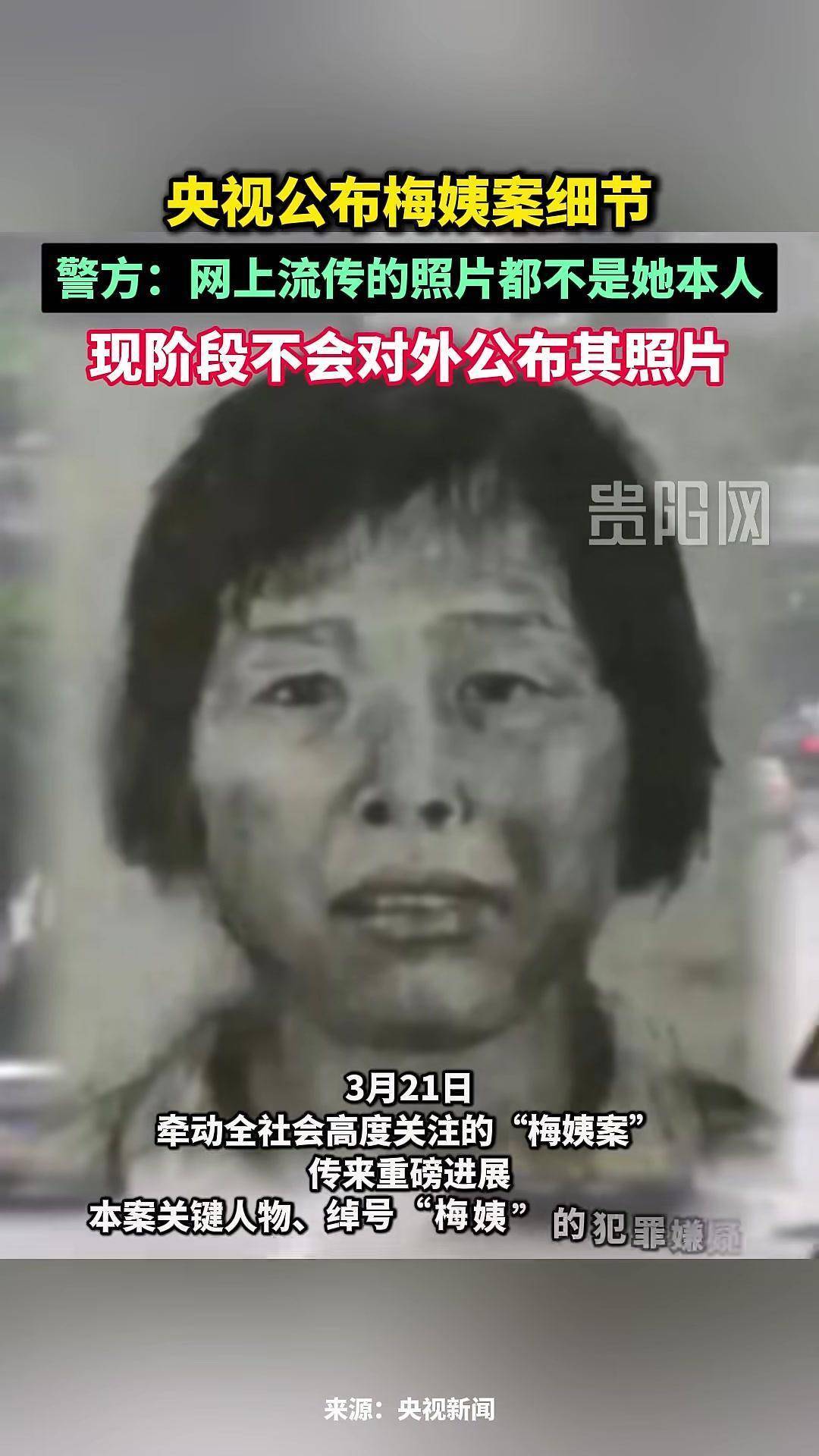 央视公布梅姨案细节,警方:网上流传的照片都不是她本人,现阶段不会对外公布其照片#梅姨