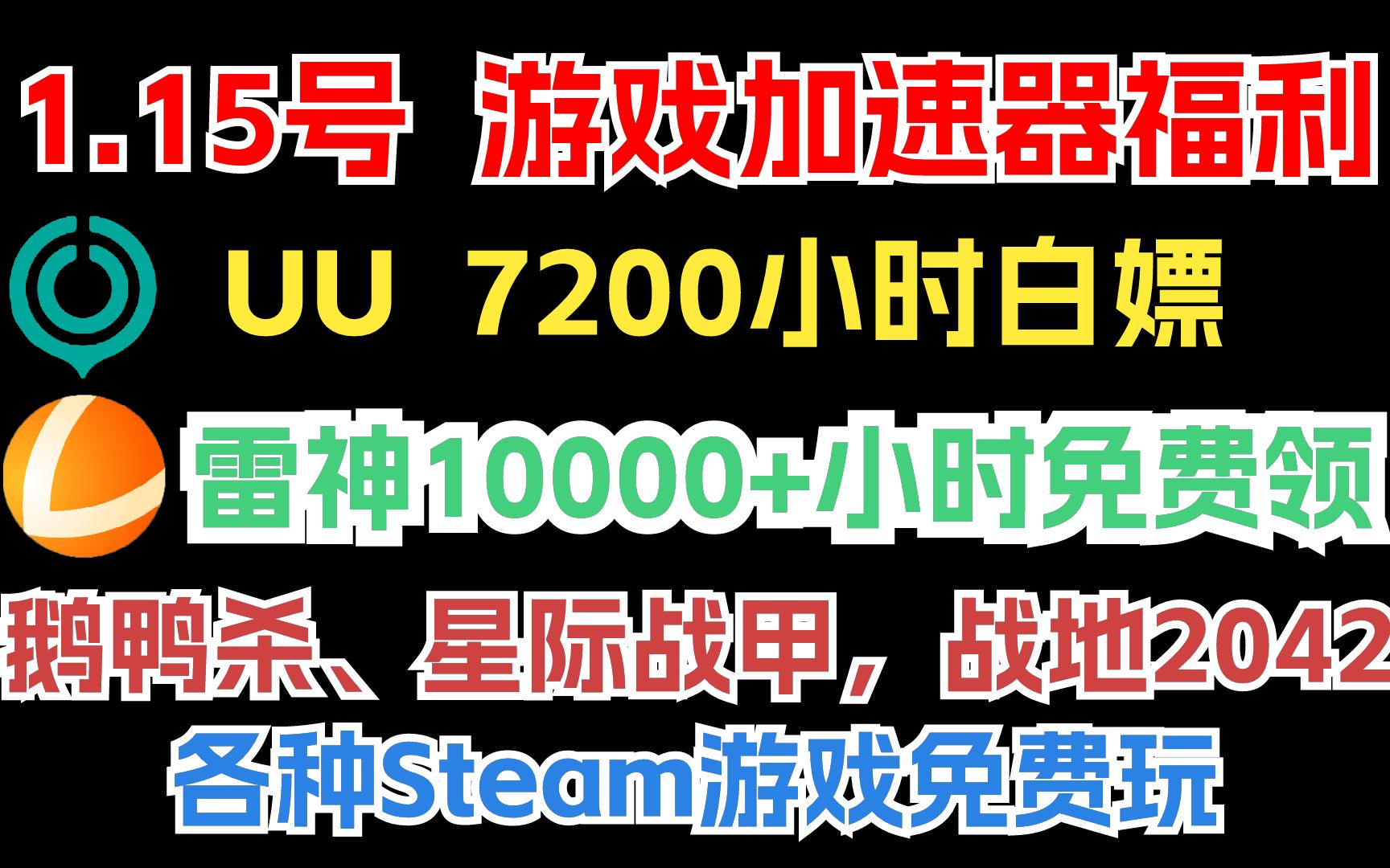 1月15日 UU加速器免费白嫖7200天,雷神10000+小时免费送,还有可...