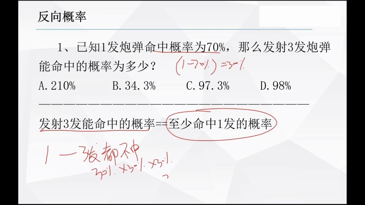 【反向概率】已知1发炮弹的命中概率为70%,那么发射3发炮弹能命中...