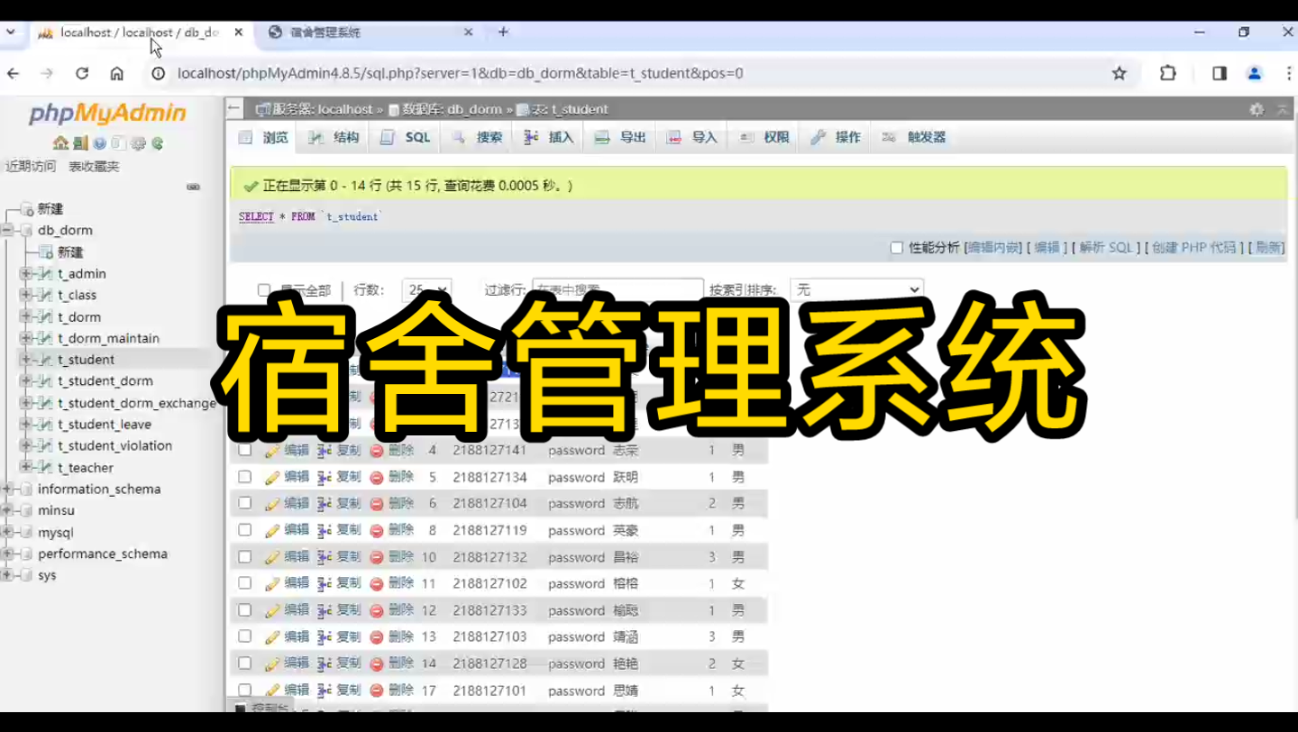 php宿舍管理系统mysql数据库html网页