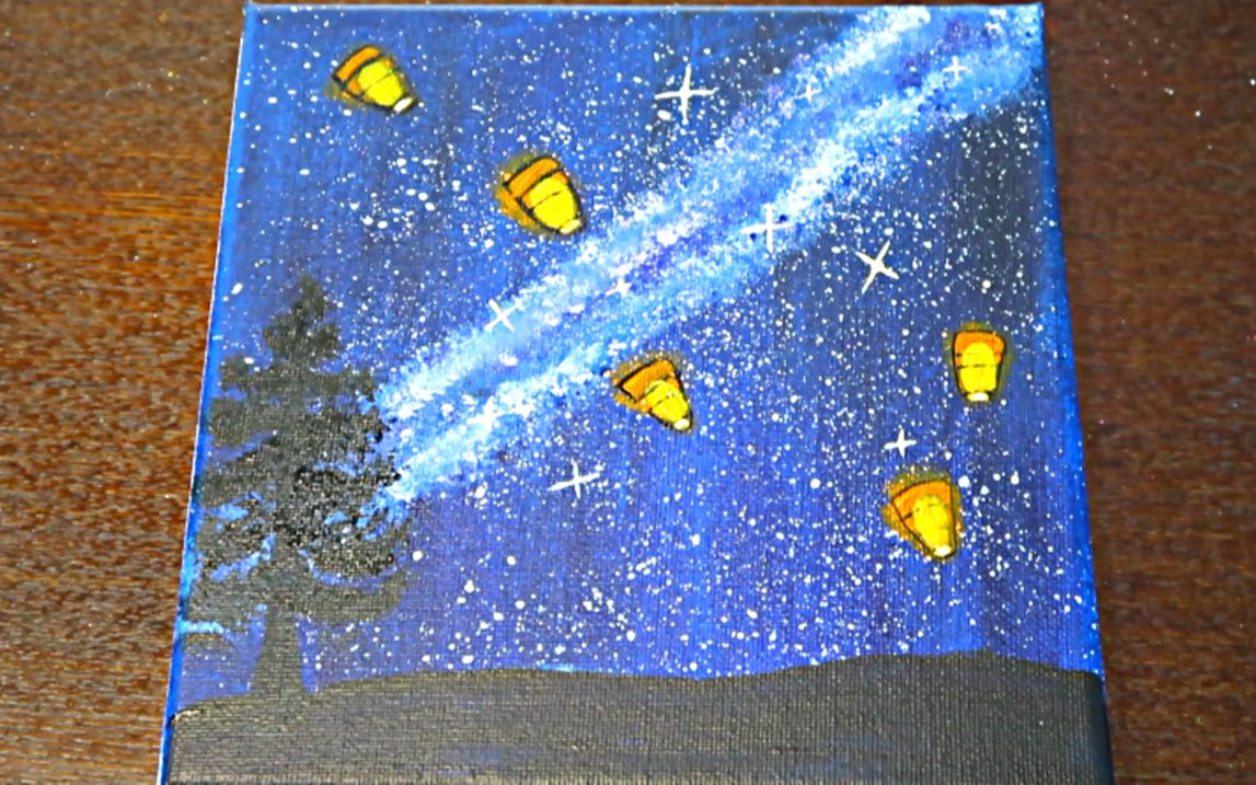 【零基础,手残党丙烯绘画】星空中的孔明灯 | 6种颜色简单绘画
