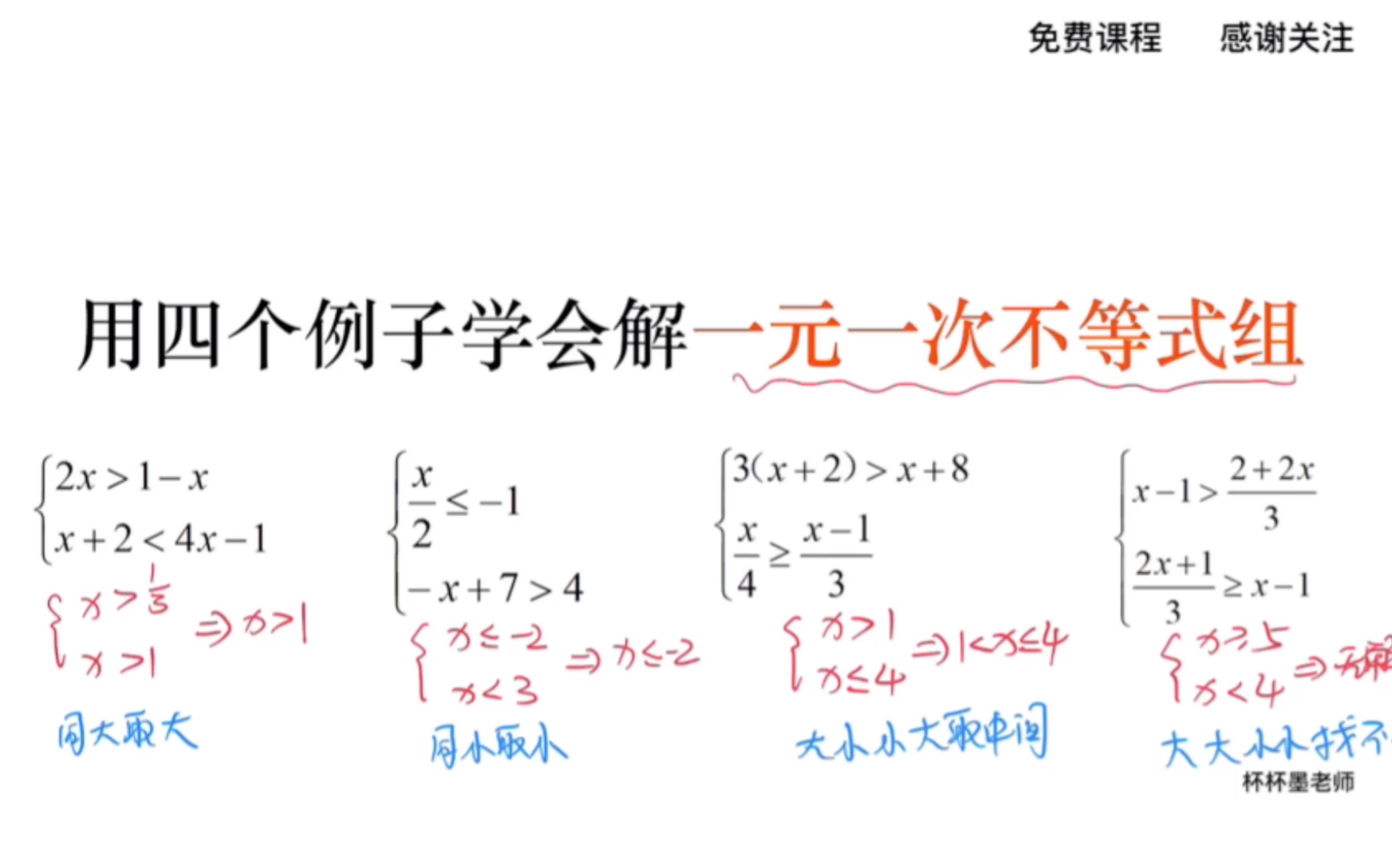 初中数学七年级下册 用四个例子轻松学会解一元一次不等式组
