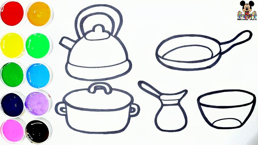 宝宝如何绘画厨房套装?儿童玩具锅,碗,水壶,茶壶简笔画涂色