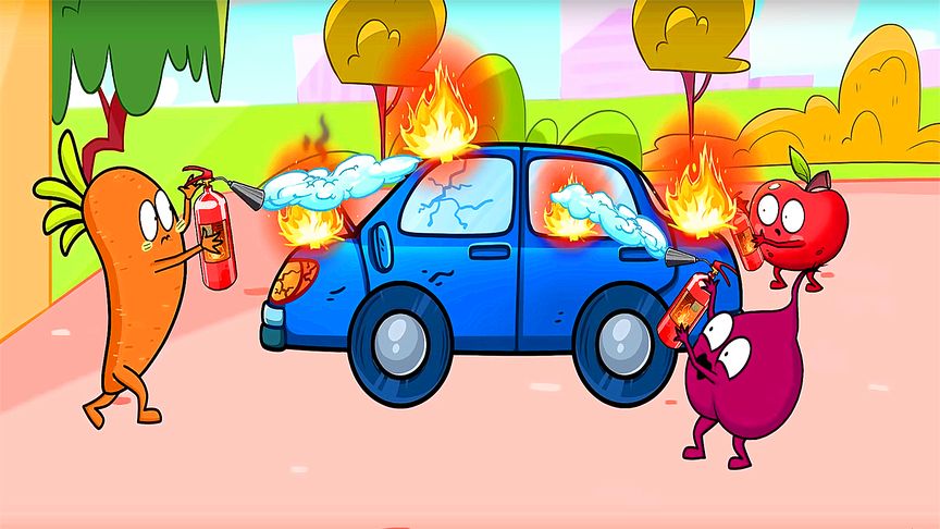 牛油果动画:卡多的火车着火了,胡萝卜先生找来伙伴们灭火