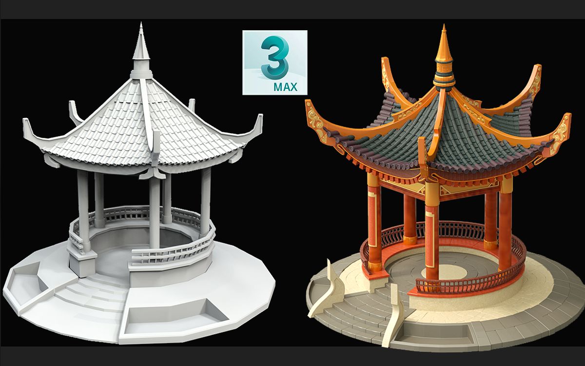 【3dmax场景建模】古风凉亭新手建模,从零开始制作