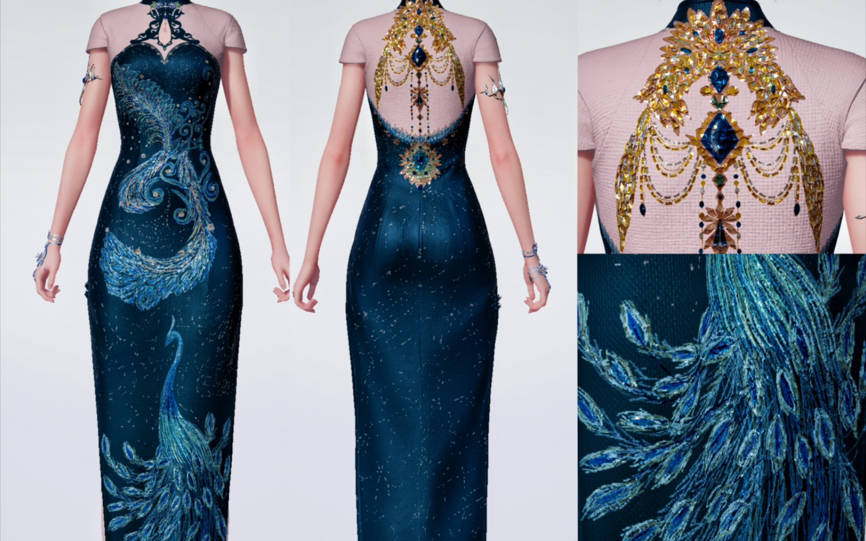 以闪独家设计∣蜀绣系列3·礼服-星耀苍翎(孔雀主题)