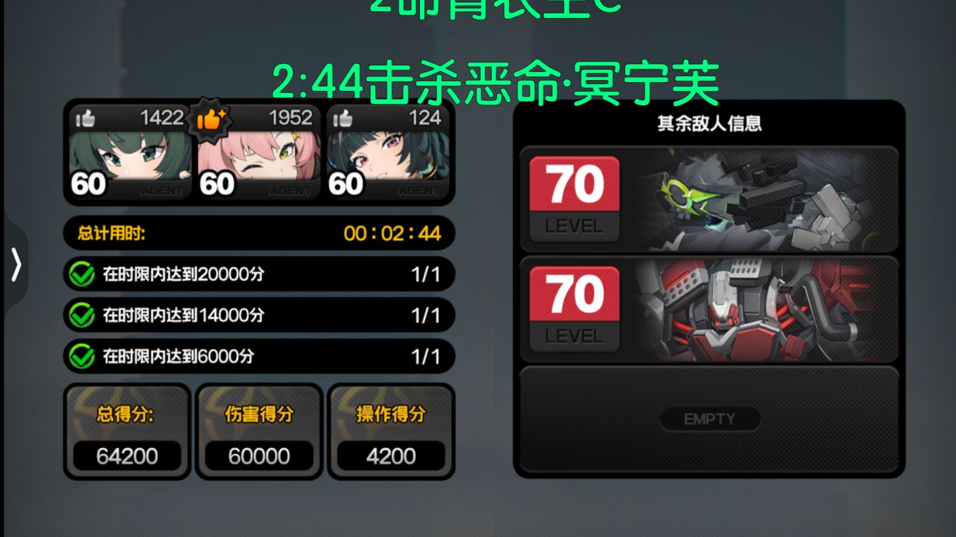 【绝区零】2命青衣主C 2分44击杀恶名冥宁芙(2025.2.7危局强袭战)