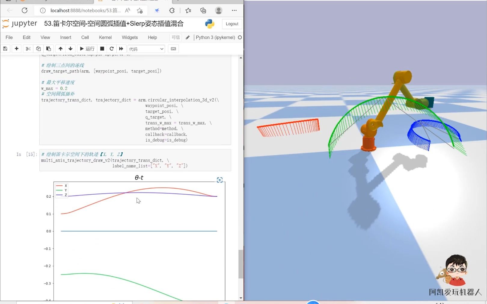 笛卡尔空间-空间圆弧插值+Slerp姿态插值混合-六轴协作机械臂PyBullet...