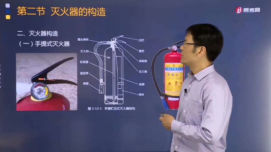 听帮考网黄明峰老师详解手提式灭火器的构造是怎样的?怎么使用?