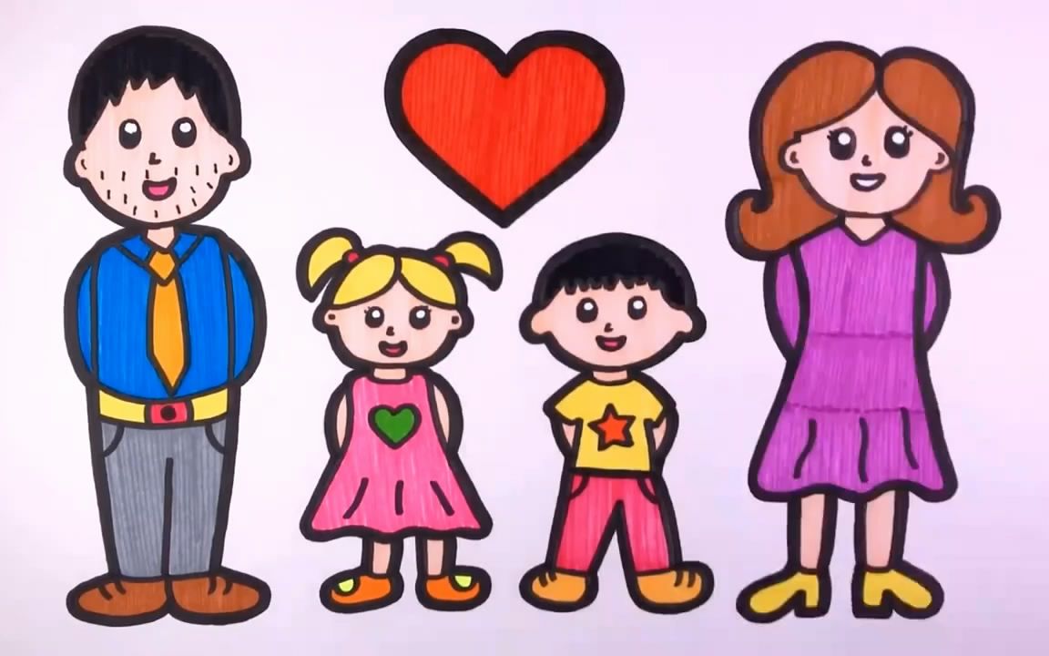 全家福爱心图画 ,认真上色绘制出
