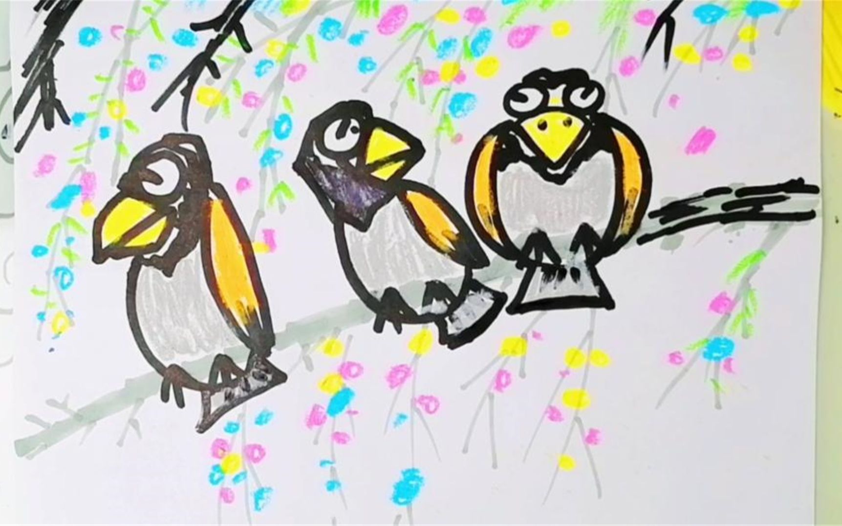 大嘴小鸟一家儿童画