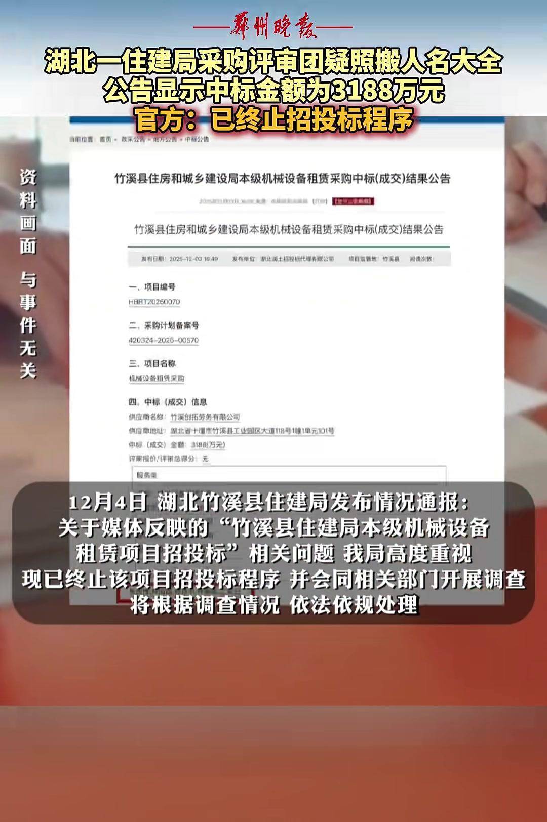 ...照搬人名大全,公告显示中标金额为3188万元。官方:已终止招投标程序