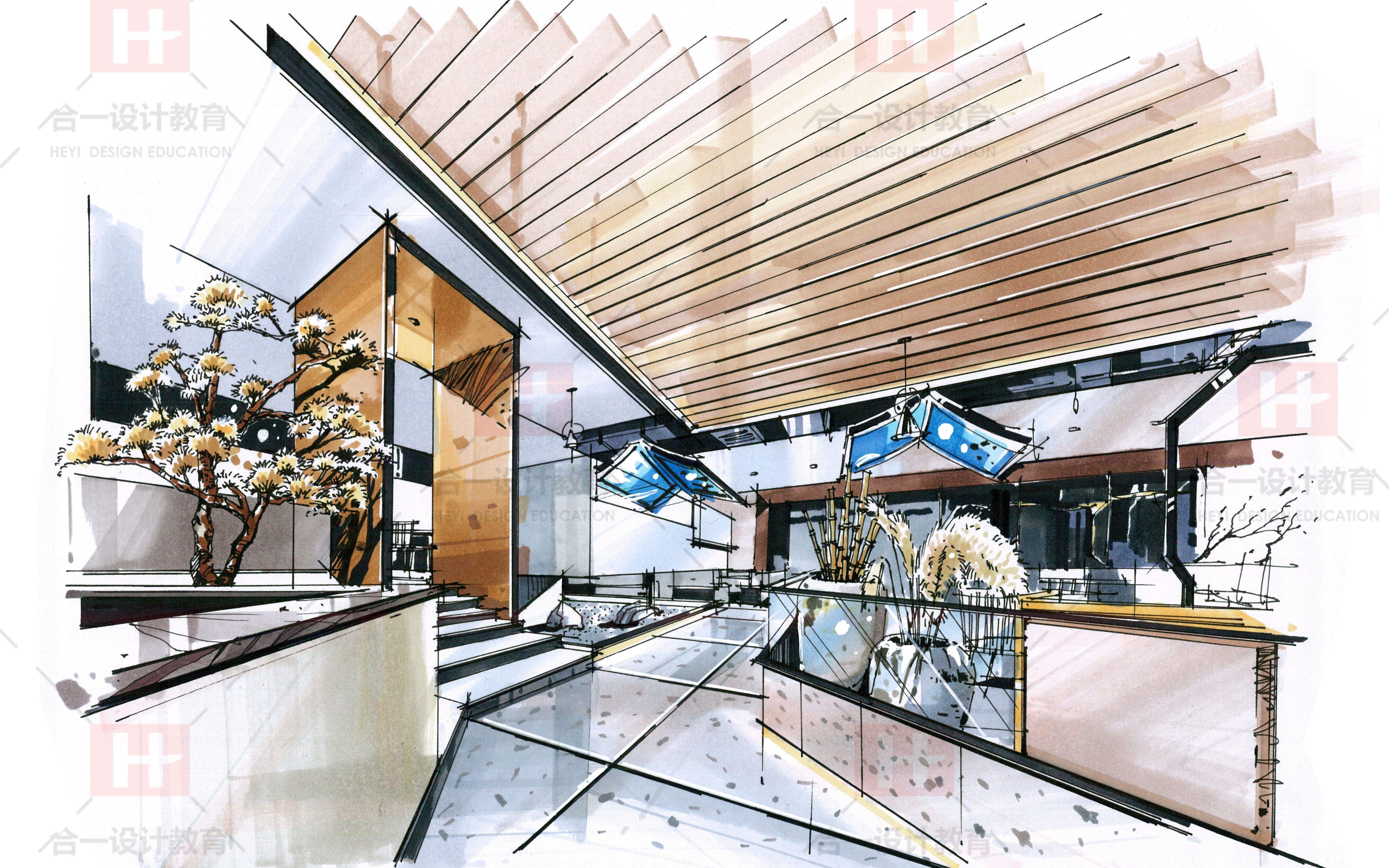 天津合一设计教育室内设计考研餐饮空间马克笔上色公开课