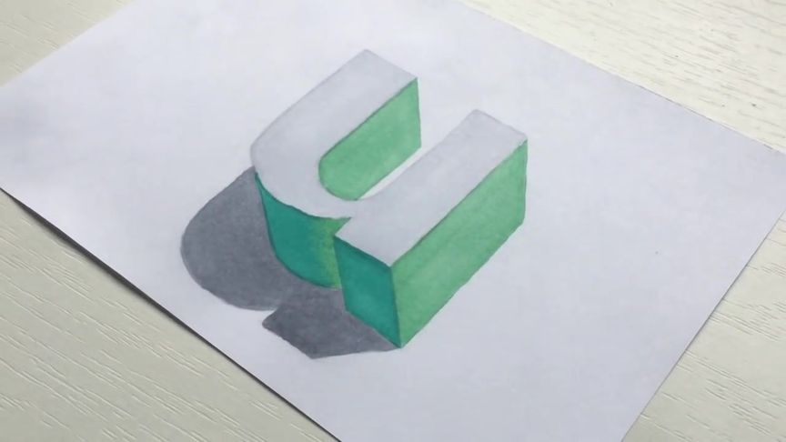 如何用铅笔和记号笔绘制3d字母u形图。