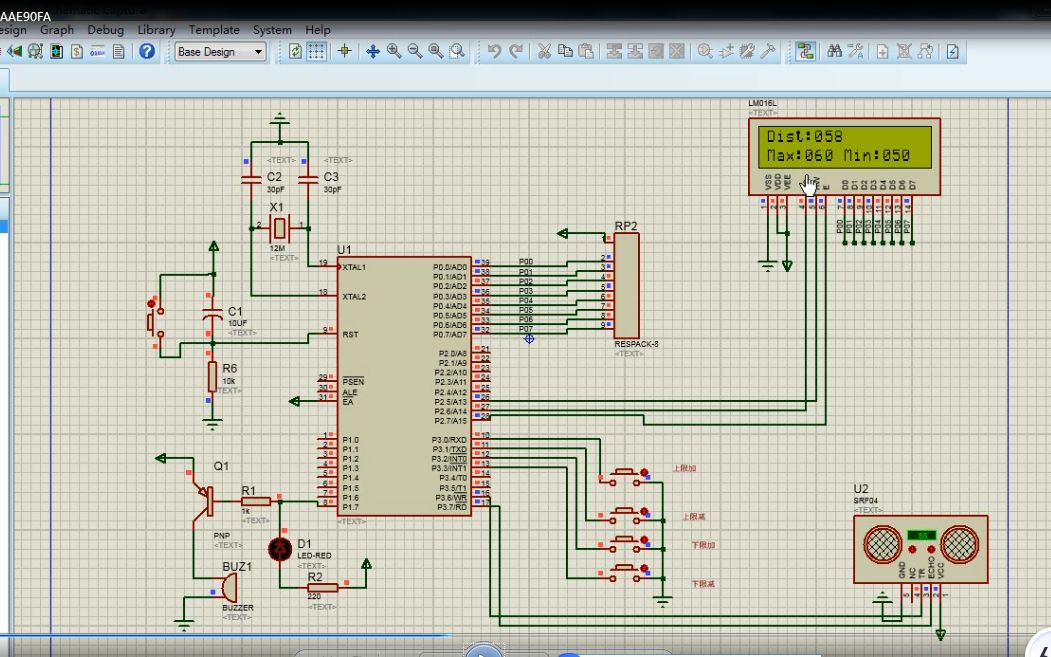 51单片机超声波测距-报警-阈值设置-proteus仿真
