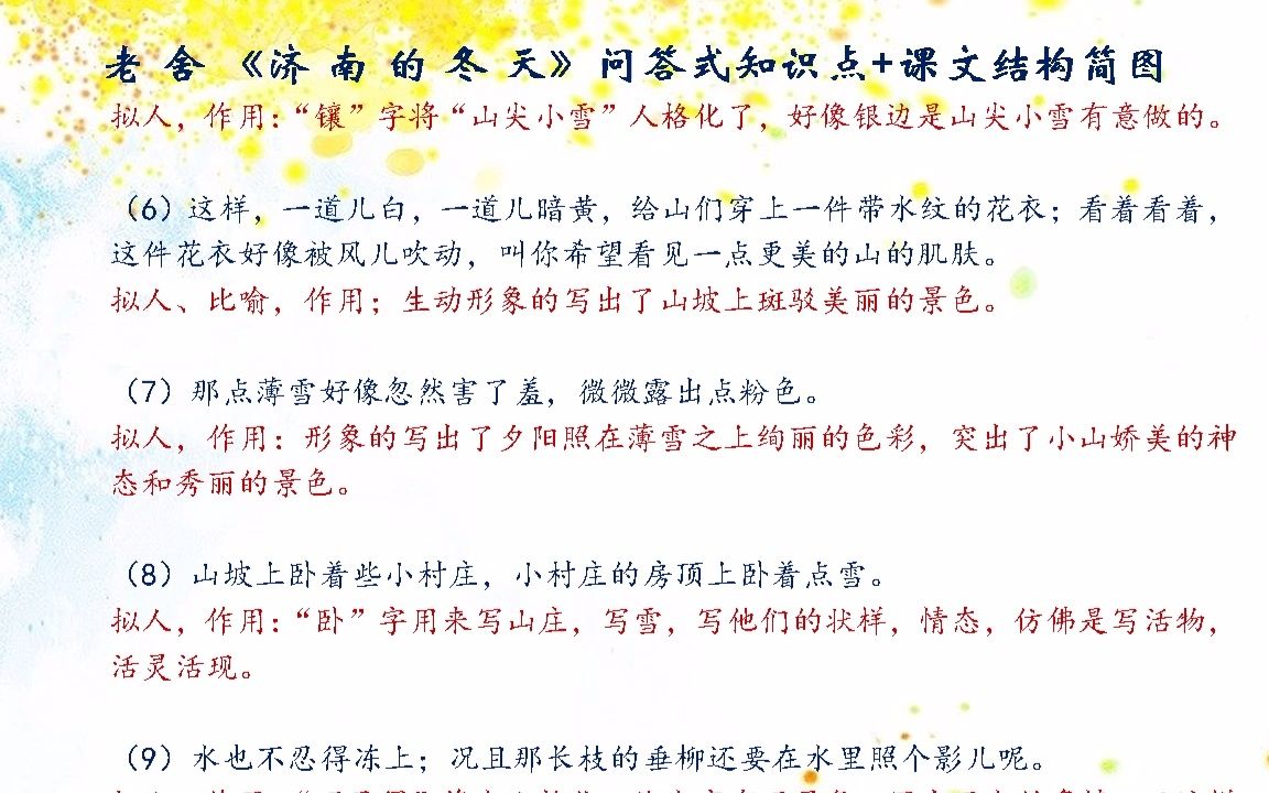 老 舍 《济 南 的 冬 天》问答式知识点+课文结构简图
