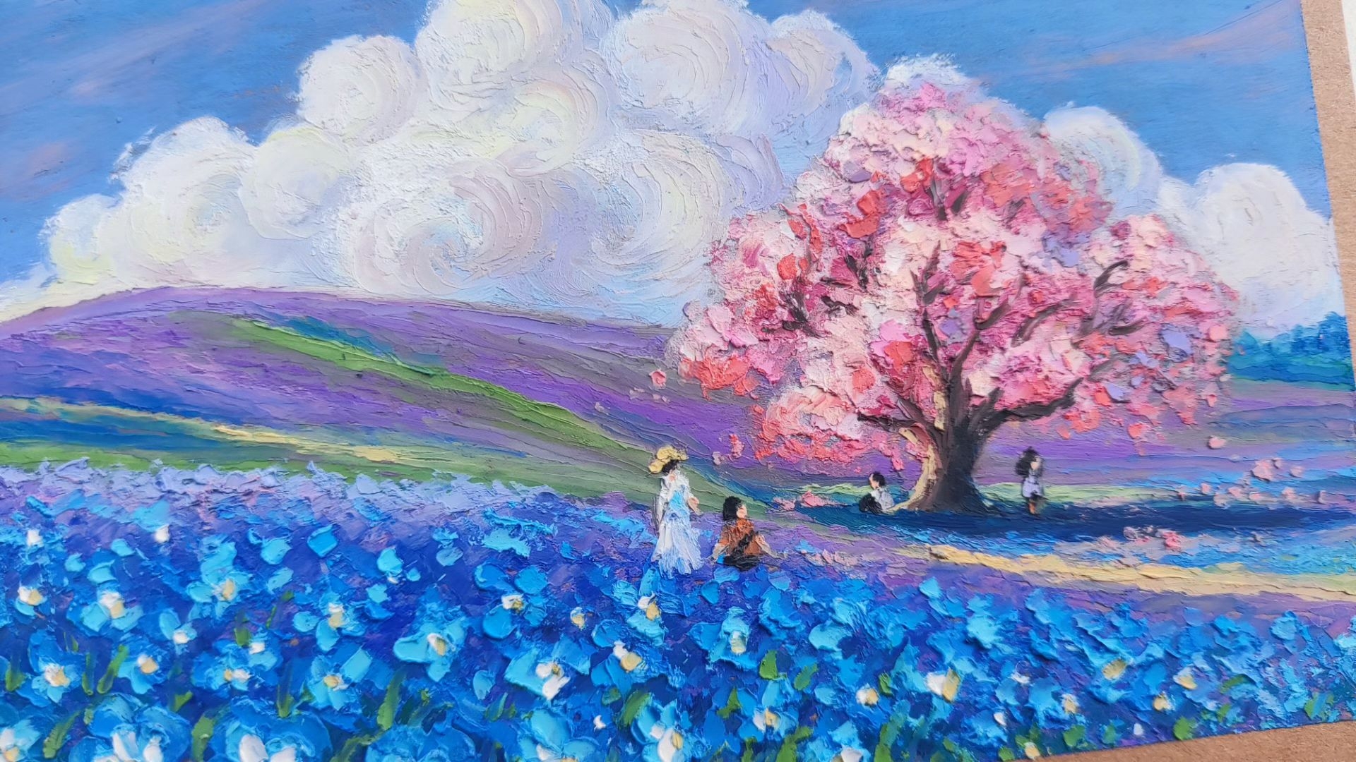 蓝色花海苍月草/粉蝶花–油画棒绘制过程分享