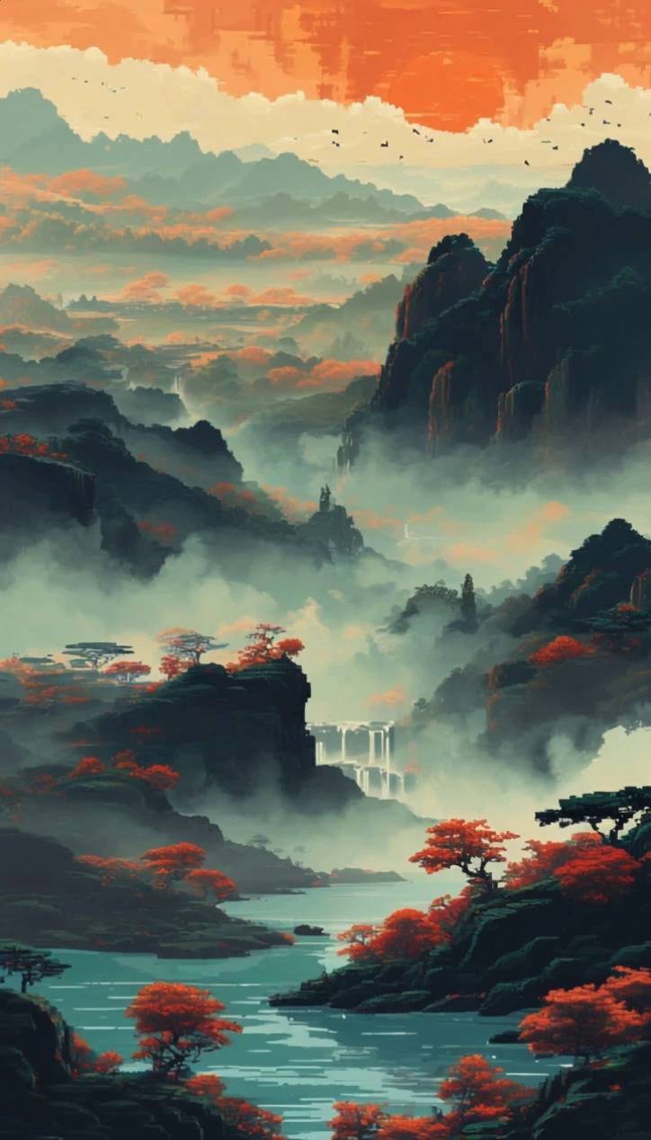 中国传统水墨山水画,云雾缭绕的山峦层层叠叠,水墨渲染的朦胧质感,若...