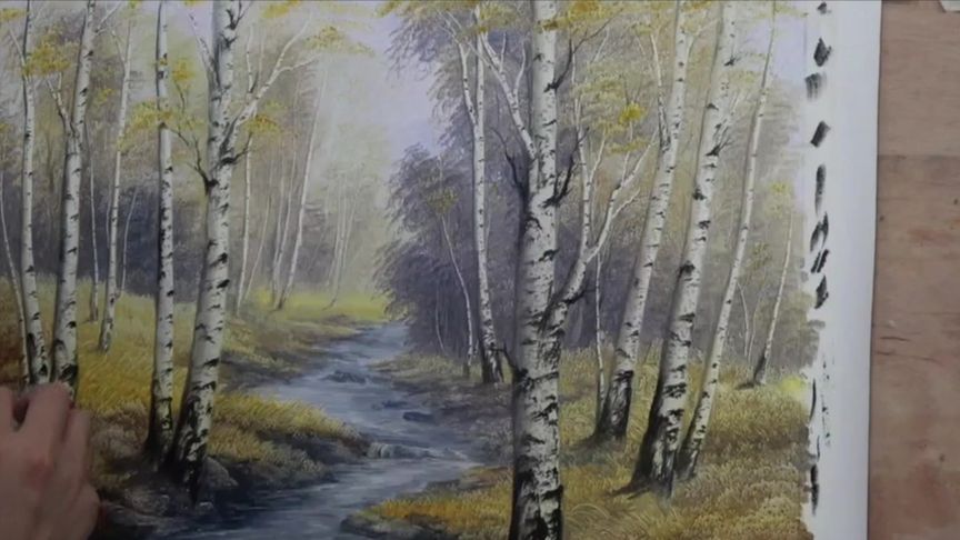 一幅漂亮的刀画秋景白桦林就要画好了,来看看白桦树树叶的画法吧