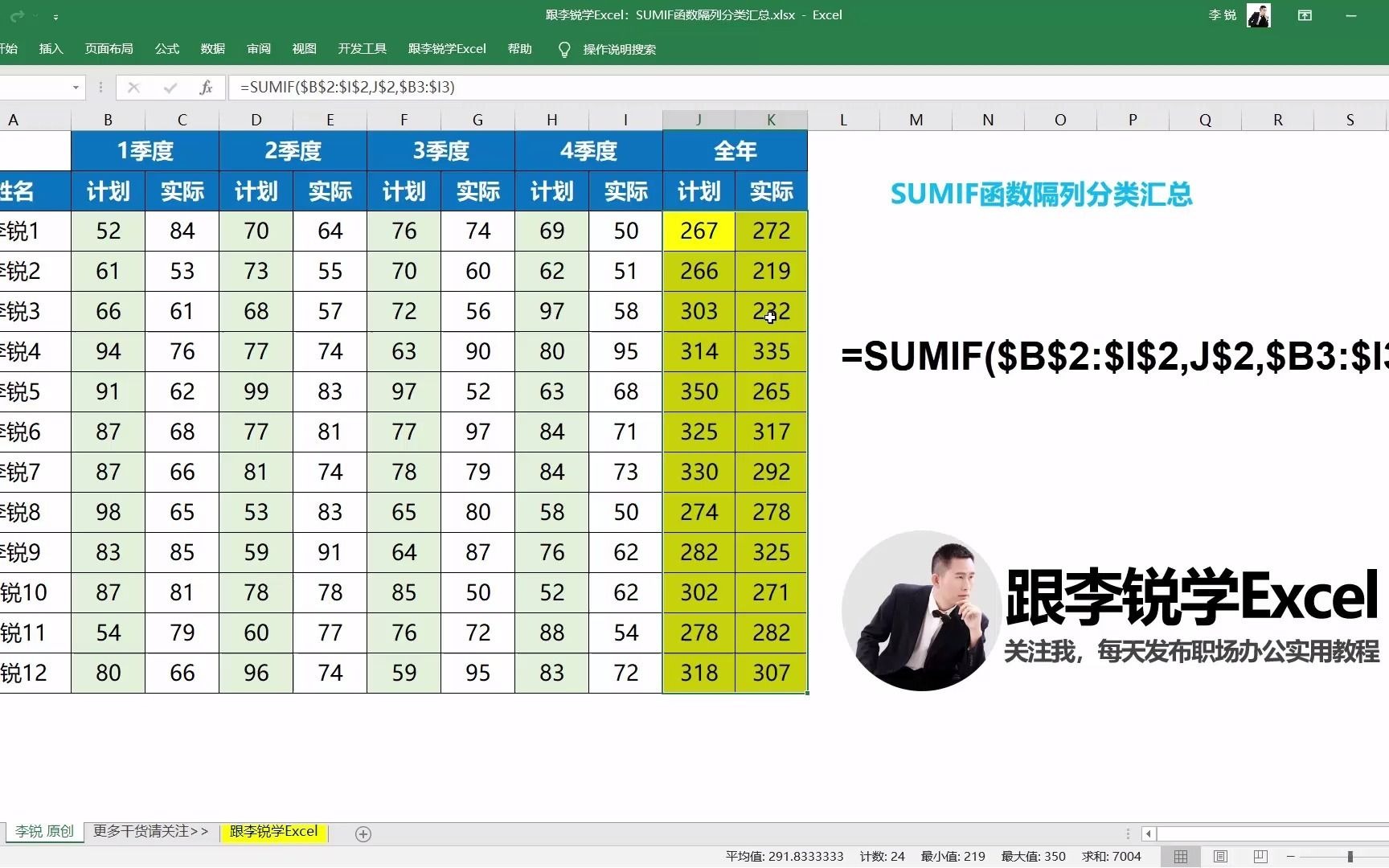跟李锐学Excel:SUMIF函数隔列分类汇总