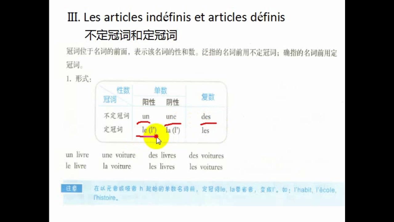 法语教学:初级法语讲解定冠词与不定冠词的如何区别,建议笔记