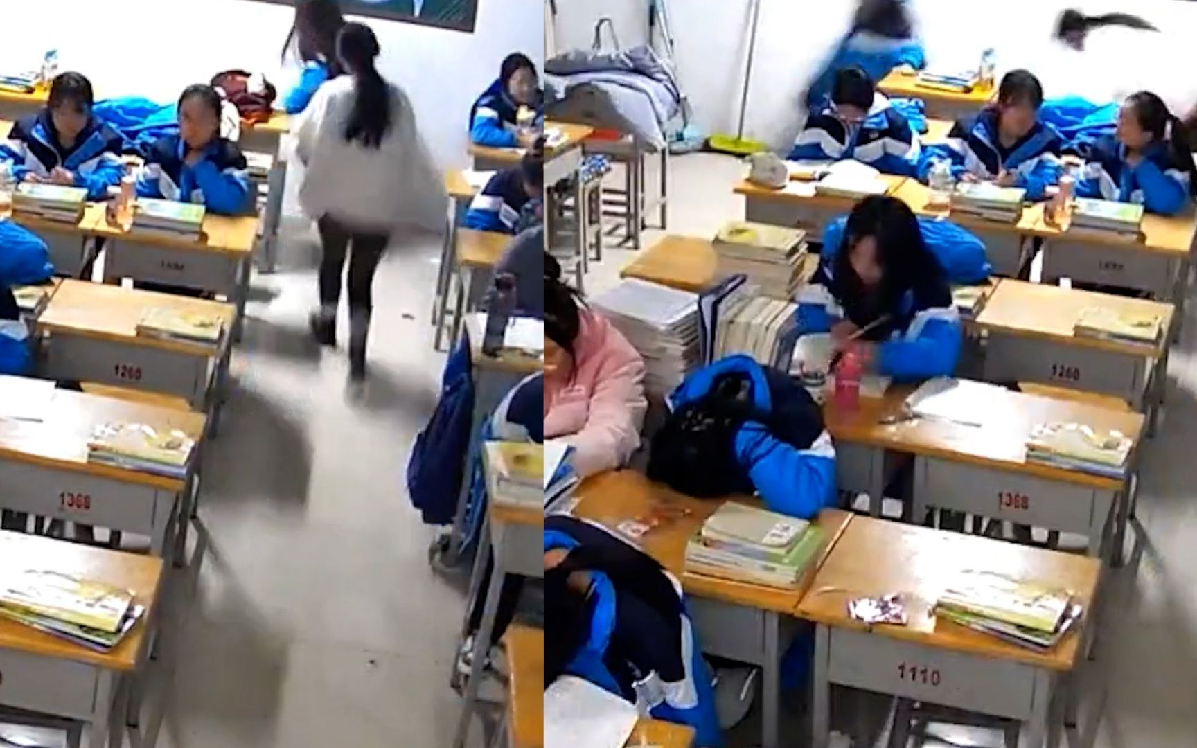 俩女生教室追逐打闹,下秒四肢腾空同步摔倒,动作整齐逗乐全班